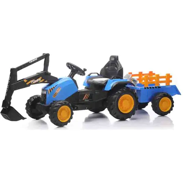 Dečiji traktor na akumulator sa prikolicom i kašikom 12V – Plavi | Daljinski upravljač, Bluetooth, LED svetla