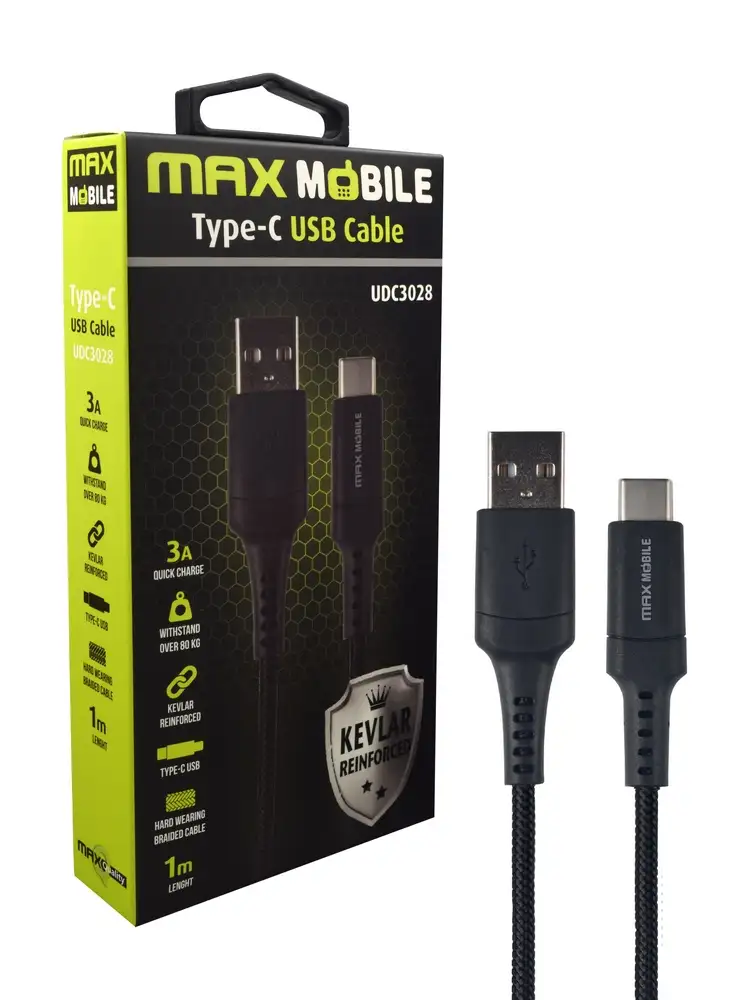 MAX MOBILE USB 2.0 TYPE C UDC3028 KEVLAR BLACK QC 3A 1m