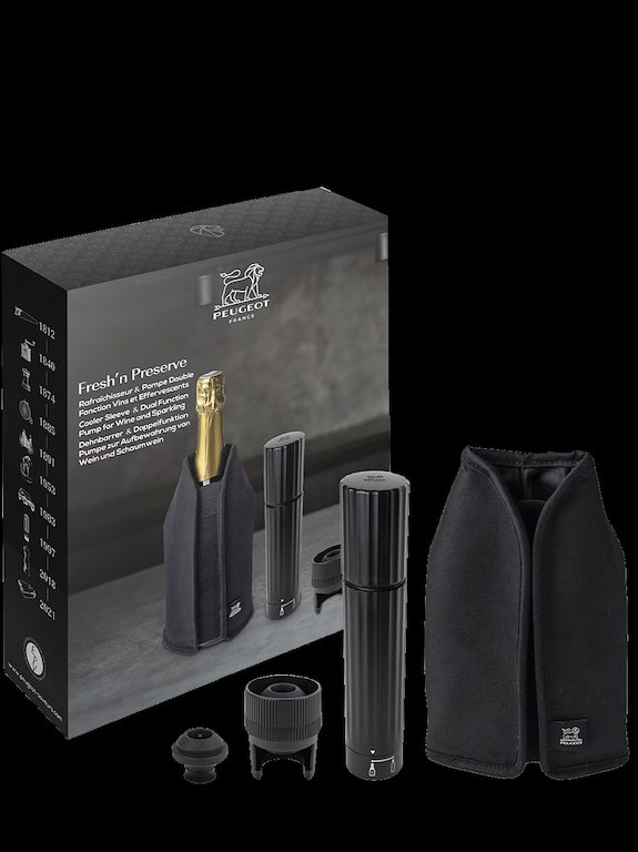 SET BOX ZA VINO – Gift box – Black Frizz cooler sleeve and Dual function Pump