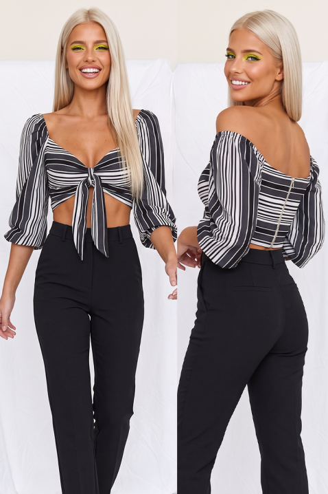 Ženski crop top na pruge sa vezivanjem i puf rukavima KAVENA BLACK