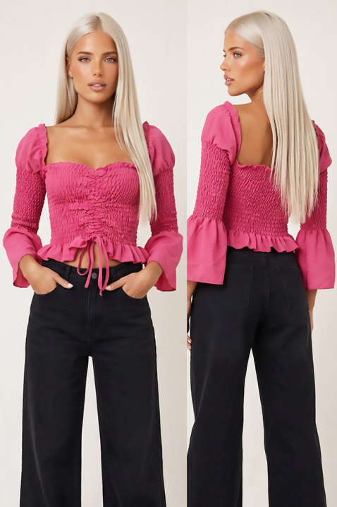 koketna kratka ženska bluza sa naboranim efektom i A rukavima ZEFIRAVIA PINK