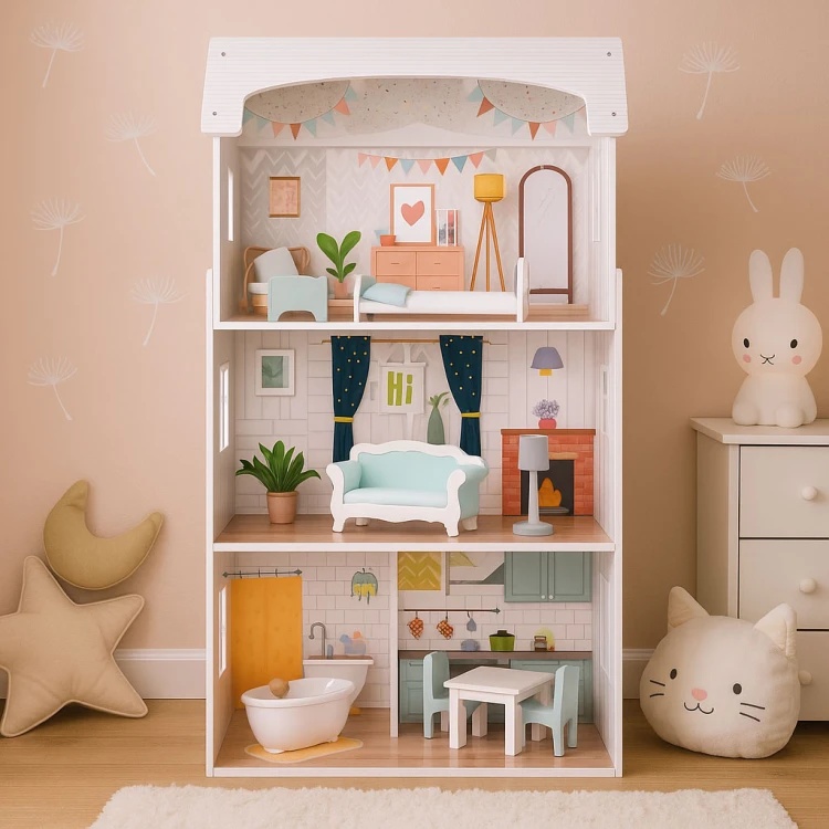 Kućica za lutke Alice na 3 sprata, 4 sobe, set sa 9 komada nameštaja – ECOTOYS