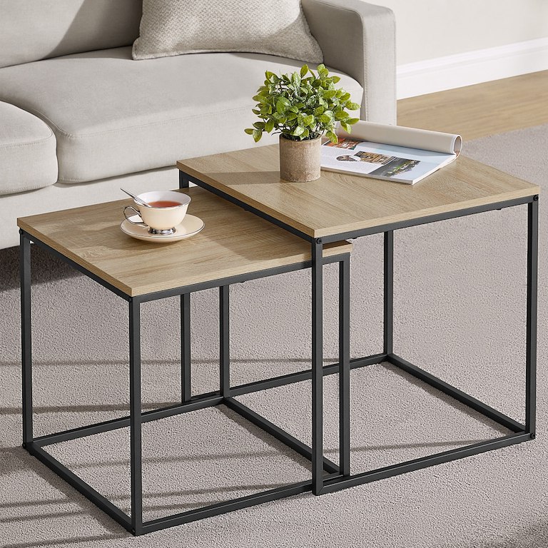 Kvadratni sto za kafu, 2 komada -sonoma oak / black nogare