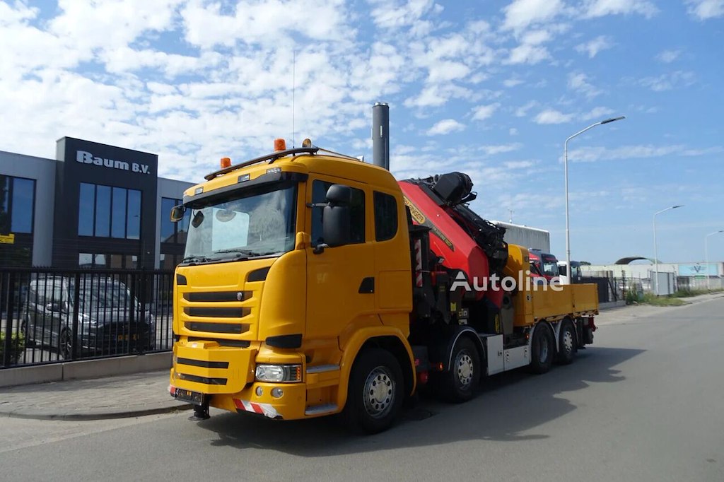 Scania R 490 8X2 / PALFINGER PK 165002 TEC + FLY JIB KRAAN / 165 TM KRA kamion s ravnom platformom