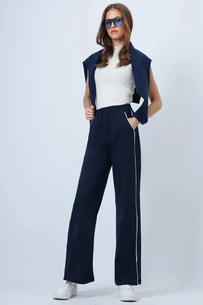 Trend Alacati Stili Teget široke trenerka pantalone sa paspul detaljima i elastičnim pojasom Alc-X14611, Teget / Tamnoplava