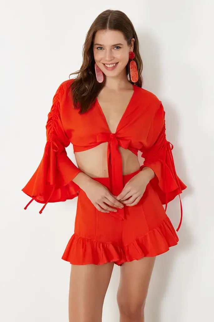 Trendyol Milla Ženski komplet bluza i suknja Tbess23Au00128, Crveni