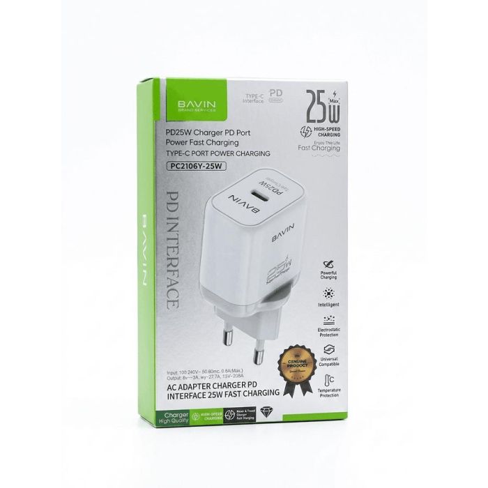 Bavin punjač 25W PD Type C + kabl Type C PC2106Y bela