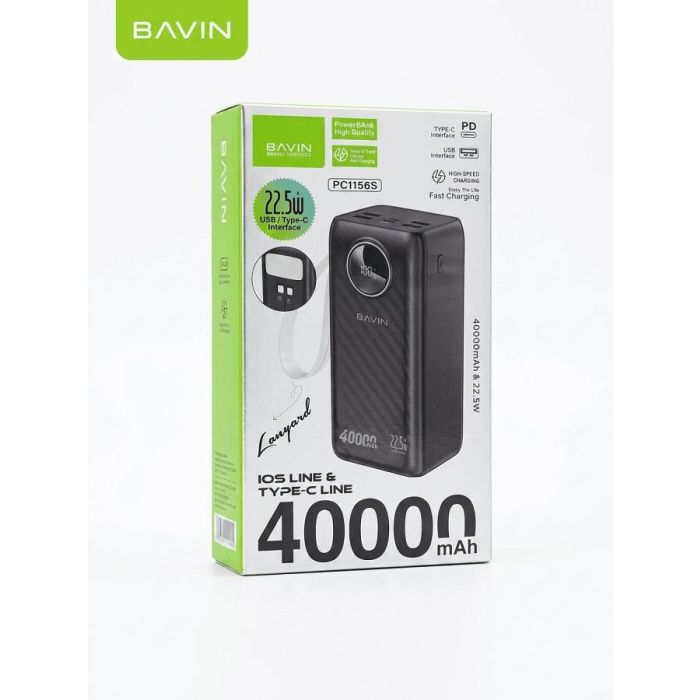 Bavin Power Bank 40000 mAh 22.5W type USB A + type C crna