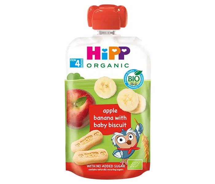HIPP Hippis Voćni pire za decu Jabuka, banana i dečji keks 6M+, 100g