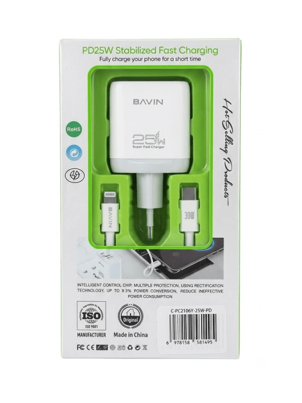 Bavin punjač 25W PD Type C + kabl Type Lightning PC2106Y bela ( 90064 )