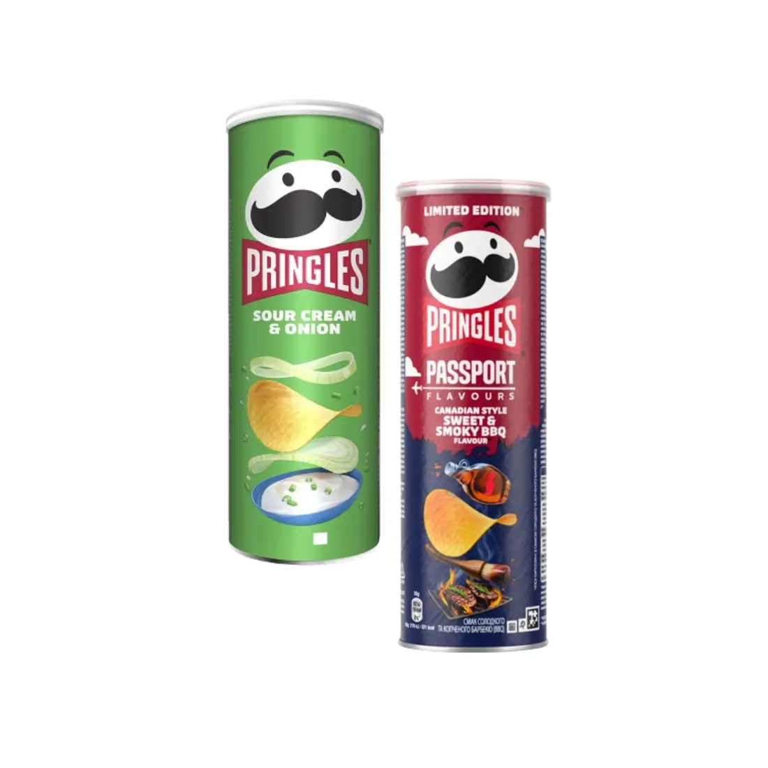 Pringles Čips, Pavlaka i luk, 165 g+Pringles Čips, Kanadski slatko-dimljeni BBQ, 165 g