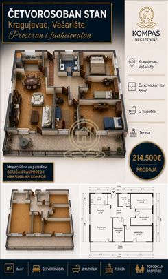 Četvorosoban stan u Vašarištu, Kragujevac, 86 m²,