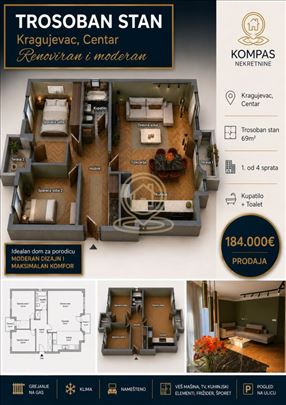 Trosoban stan u Centru Kragujevca, 69 m², 1. sprat