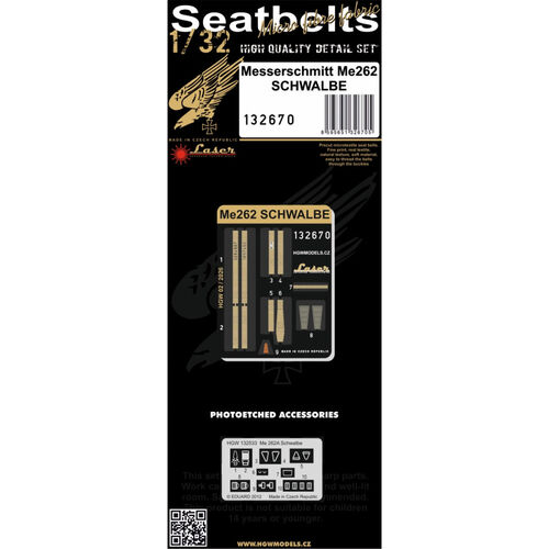 NEW! HGW Models 132670 Messerschmitt Me-262 Schwalbe - Seat Belts