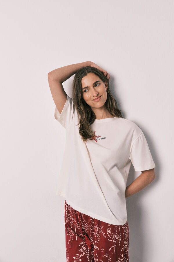 Langer Baumwoll-Pyjama mit Stitch-Palmen-Print