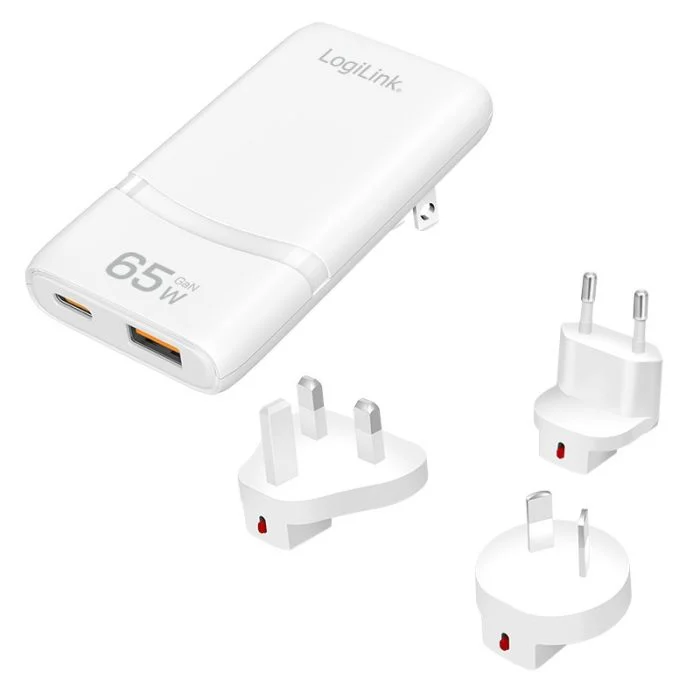 LogiLink Putni GaN punjač 65W, USB-C + USB-A