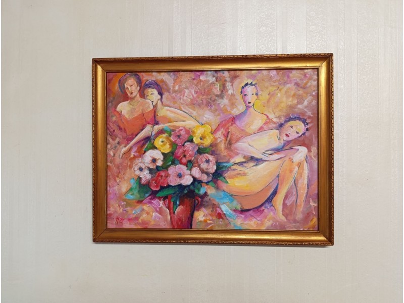 Priče i cveće, ulje na platnu uramljeno 64x50