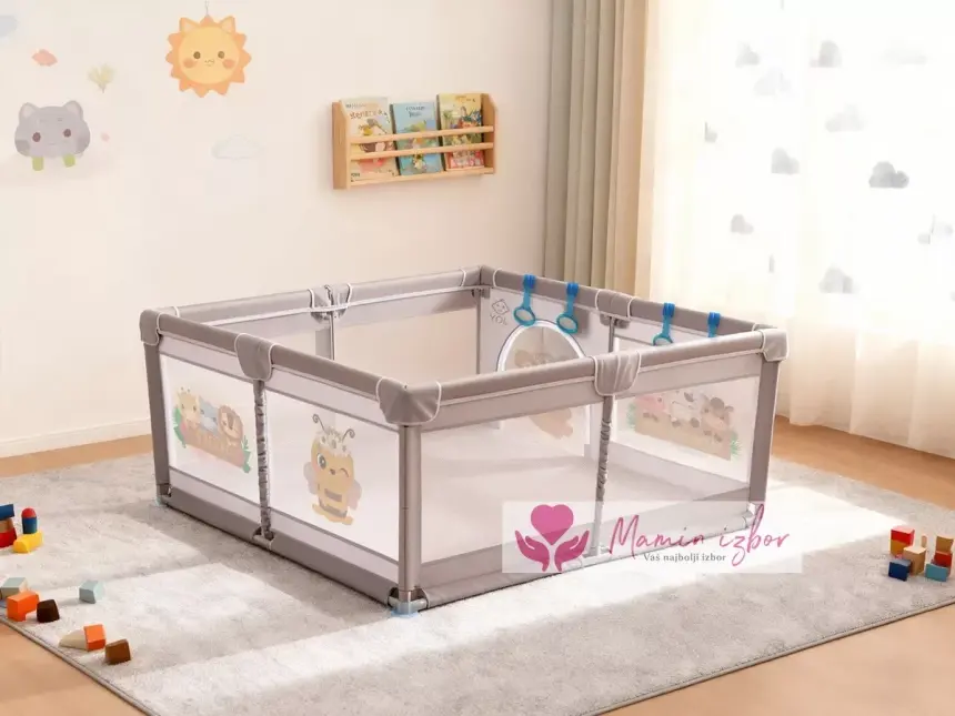 Siva+print ogradica za bebe JOY 150*200 cm