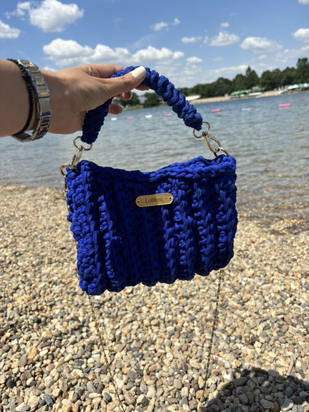 Ručno pletena torbica LolliKnit – kobalt plava - Materijal: debelo