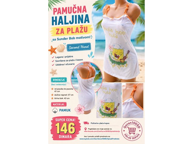 Pamučna haljina za plažu  sa Sunđer Bob motivom letnja