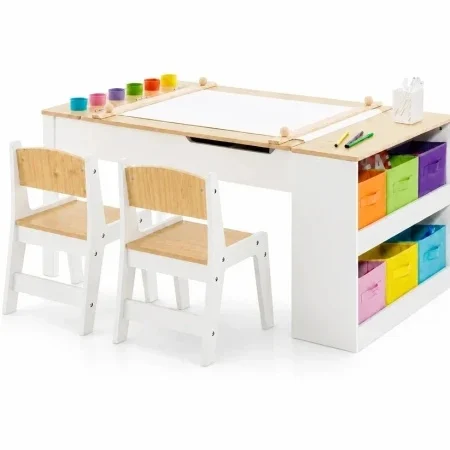 Kinder home 3 u 1 dečiji drveni sto sa 2 stolice, tablom za crtanje, organizatorom i rolnom papira ( W08G516 )
