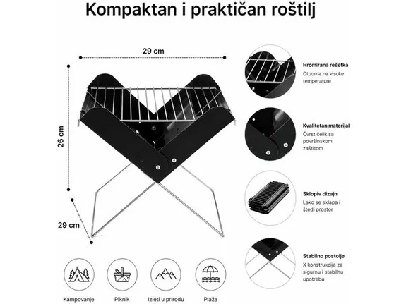 Sklopivi prenosni roštilj na ugalj GRILLOMATE, crni