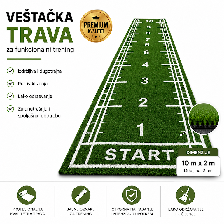 VEŠTAČKA TRAVA ZA FUNKCIONALNI TRENING 10 M X 2 M | PROFESIONALNA SPRINT TRAVA 20 MM