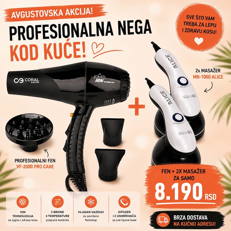 Profesionalni fen za kosu + 2x Masažer – VF-2000 PRO CARE + 2x MN-1000 Alice