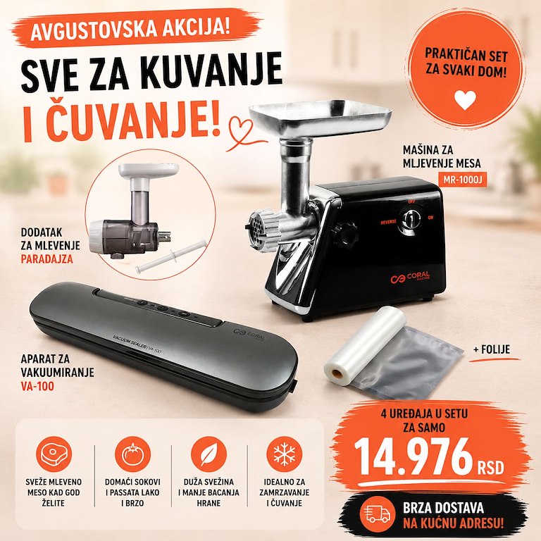 Mašina za mlevenje mesa + Dodatak za mlevenje paradajza + Aparat za vakuumiranje + Folije – MR-1000J + VA-100
