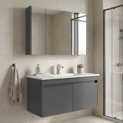 Arno 100 - 763 Grey Bathroom Cabinet With Sink & Mirror Set (2 Pieces)