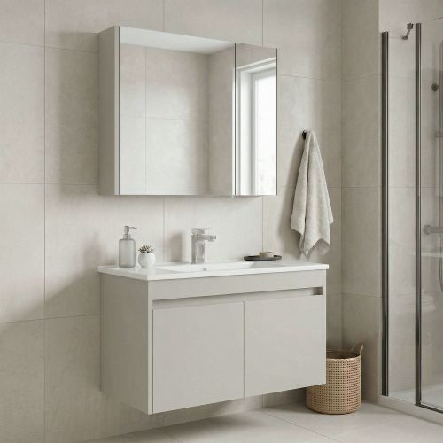 Arno 85 - 788 Cashmere Bathroom Cabinet With Sink & Mirror Set (2 Pieces)