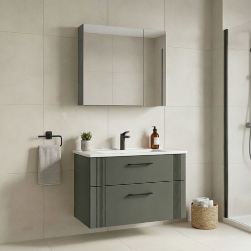 Bari 85 v2 - 243 Matte Green Bathroom Cabinet With Sink & Mirror Set (2 Pieces)