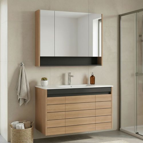 Ricato 100 - 277 Oak Bathroom Cabinet With Sink & Mirror Set (2 Pieces)