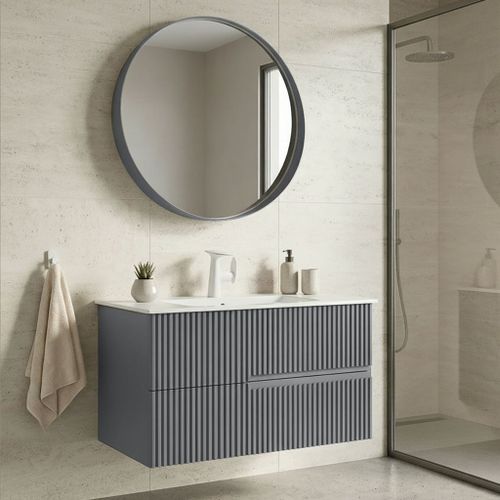 Moonlight 90 v2 - 390 Matte Grey Bathroom Cabinet With Sink & Mirror Set (2 Pieces)