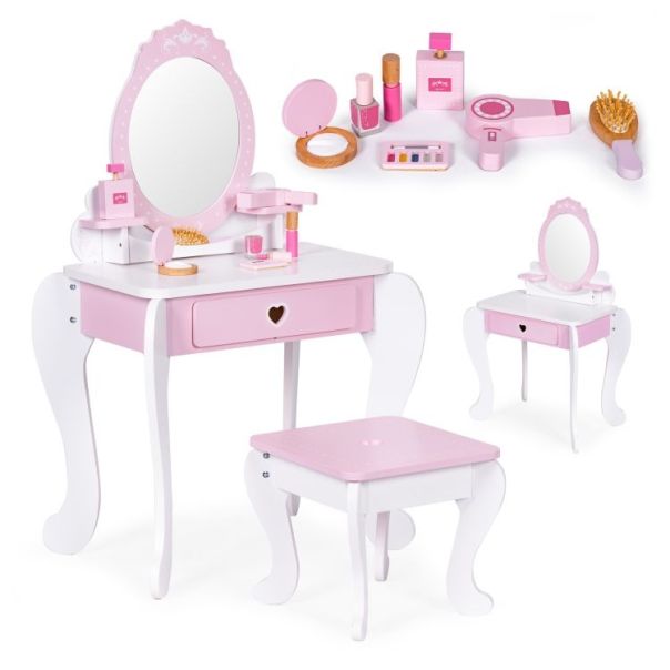 ECO TOYS Drveni dečji sto za šminkanje, roze/bela