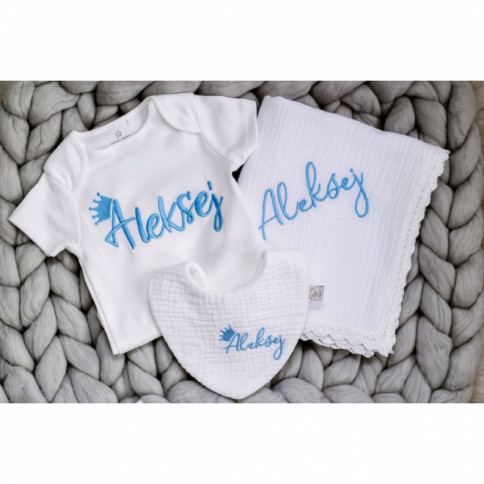 Plavi vez/ bodić/beli muslin set