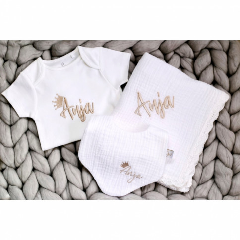 Zlatkast vez/bodić/beli muslin set