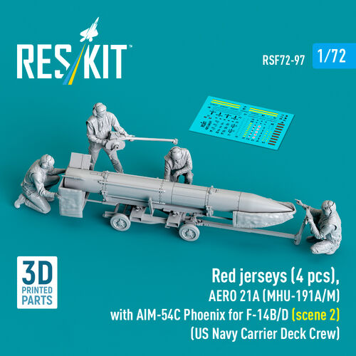 NEW! RES/KIT F72-0097 Red Jerseys (4 Figures) with AERO 21A (MHU-191A/M) with AIM-54C Phoenix for F-14 B/D (Scene 2 / 3D-Printed)
