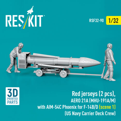 NEW! RES/KIT F32-0090 Red Jerseys (2 Figures) with AERO 21A (MHU-191A/M) with AIM-54C Phoenix for F-14 B/D (Scene 1 / 3D-Printed)