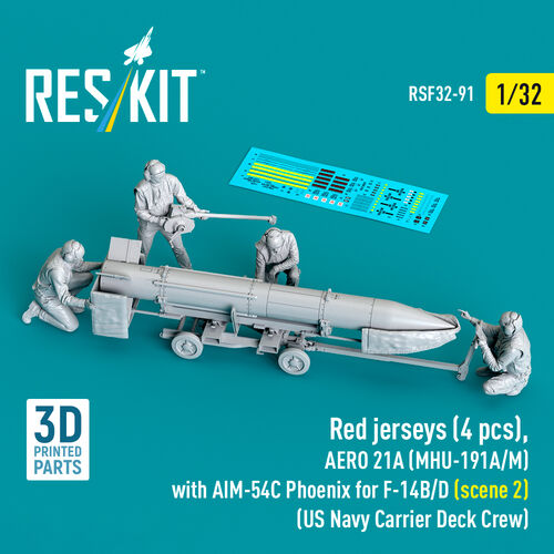 NEW! RES/KIT F32-0091 Red Jerseys (4 Figures) with AERO 21A (MHU-191A/M) with AIM-54C Phoenix for F-14 B/D (Scene 2 / 3D-Printed)