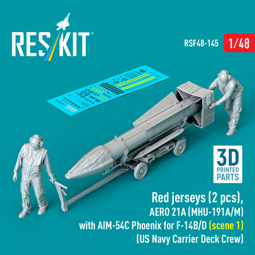 NEW! RES/KIT F48-0145 Red Jerseys (2 Figures) with AERO 21A (MHU-191A/M) with AIM-54C Phoenix for F-14 B/D (Scene 1 / 3D-Printed)