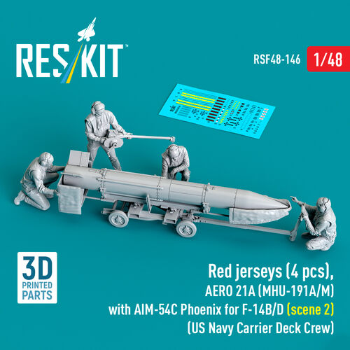 NEW! RES/KIT F48-0146 Red Jerseys (4 Figures) with AERO 21A (MHU-191A/M) with AIM-54C Phoenix for F-14 B/D (Scene 2 / 3D-Printed)