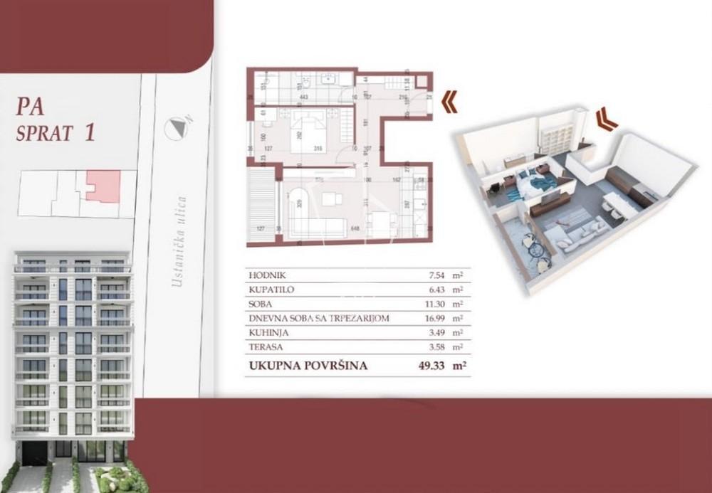 Ustanička, Dvosoban stan na prodaju, 49m2, 230.864€