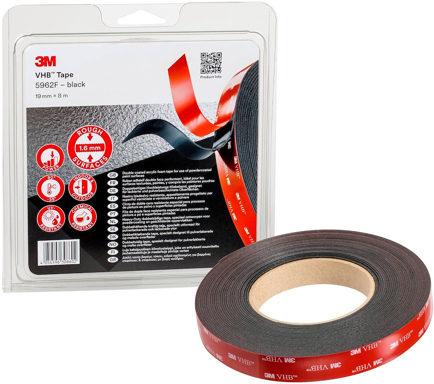 3M 5962F/IPS lepljiva traka 8 m x 19 mm, crna, akril, debljina 1.6 mm