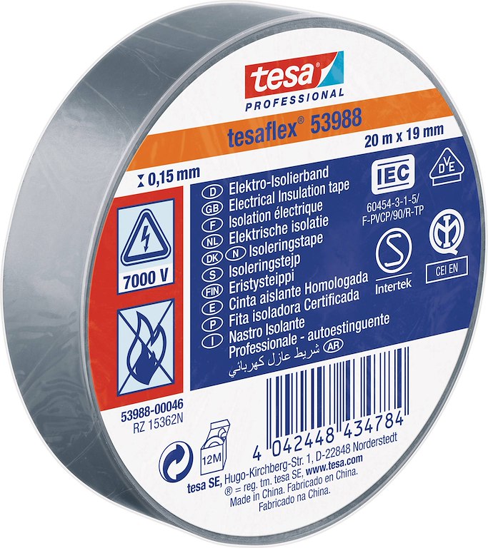 Tesa 53988-00046-00 izolir traka 20 m x 19 mm, siva, meki PVC, kaučuk, debljina 0.15 mm