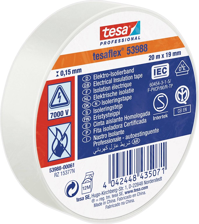 Tesa 53988-00061-00 izolir traka 20 m x 19 mm, bela, meki PVC, kaučuk, debljina 0.15 mm