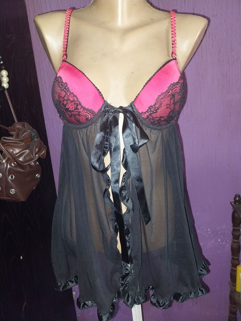 Ženska baby doll spavaćica/negliže - Boje: crna sa ciklama/pink