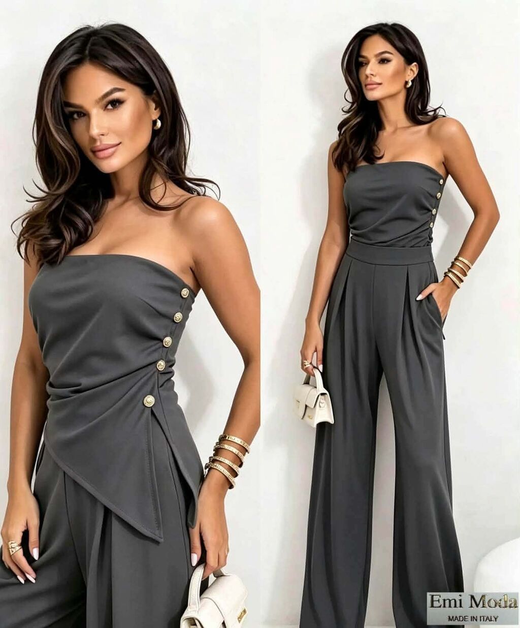 Komplet – top bez bretela + široke pantalone - Elegantan dvodelni set