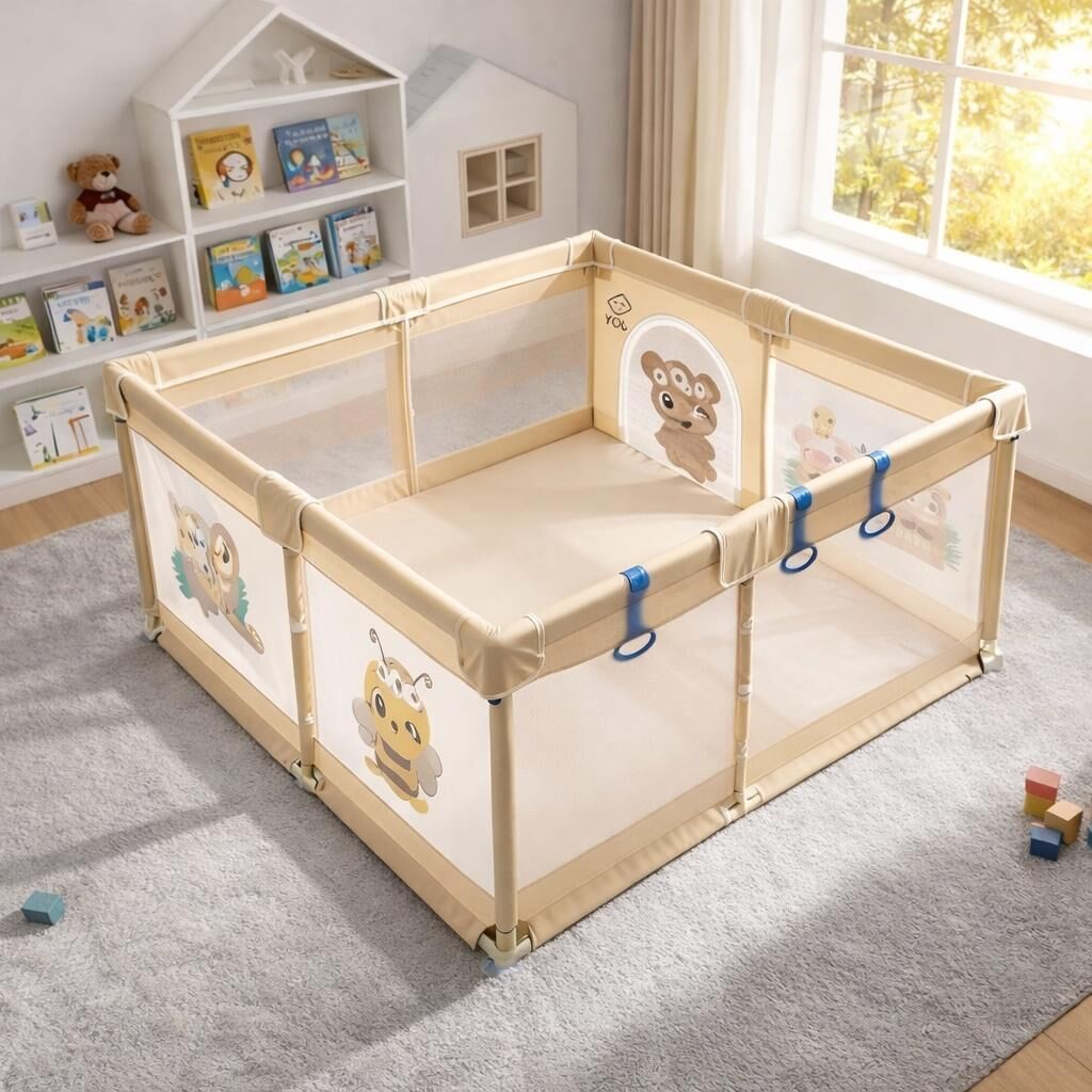 Bež ogradica za bebe JOY 127×127 cm Opis: - Prostrana ogradica