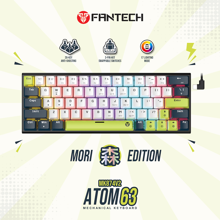 Tastatura Mehanicka Gaming Fantech MK874V2 RGB Atom 63 Mori beli (taro switch)